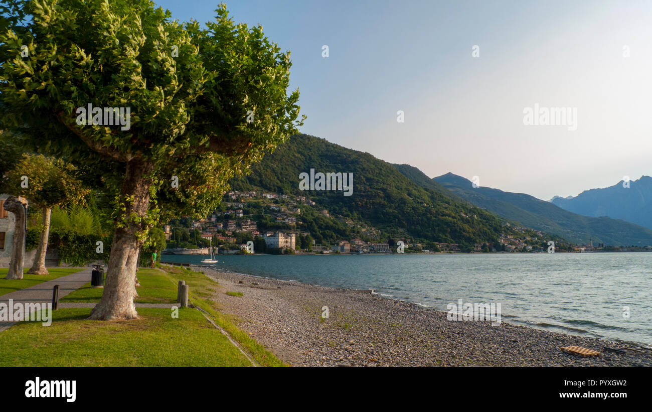 Shore and beach of Dongo, district of Gravedona, with view over the ...