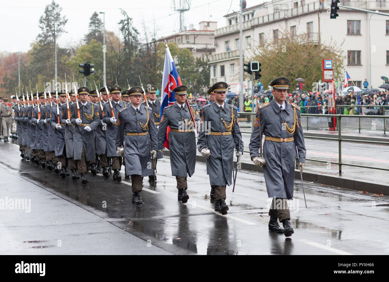 European street, Prague-October 28, 2018: Soldiers of honor guards from ...
