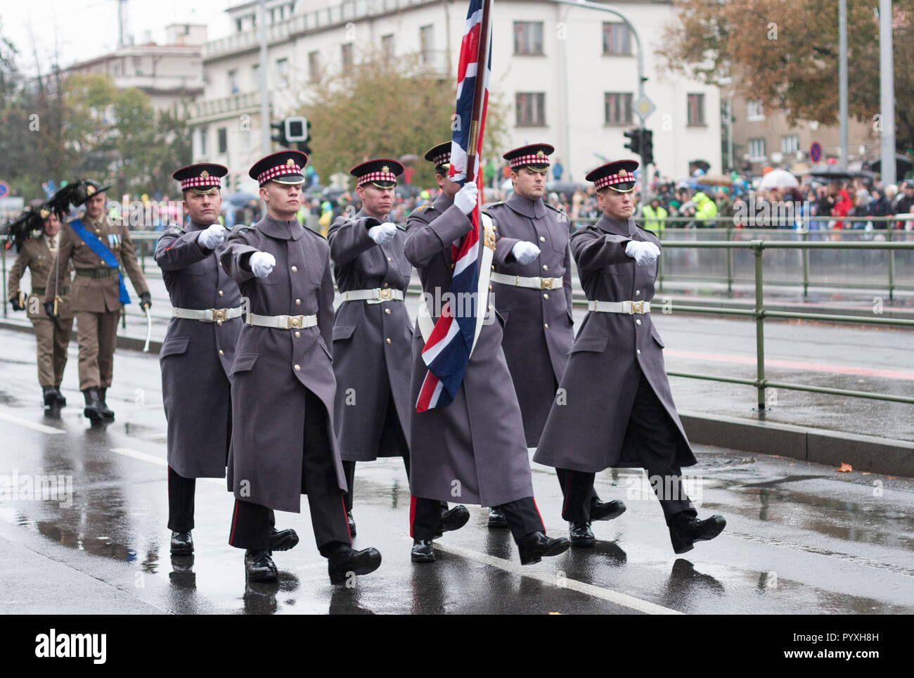 European street, Prague-October 28, 2018: Soldiers of honor guards from ...
