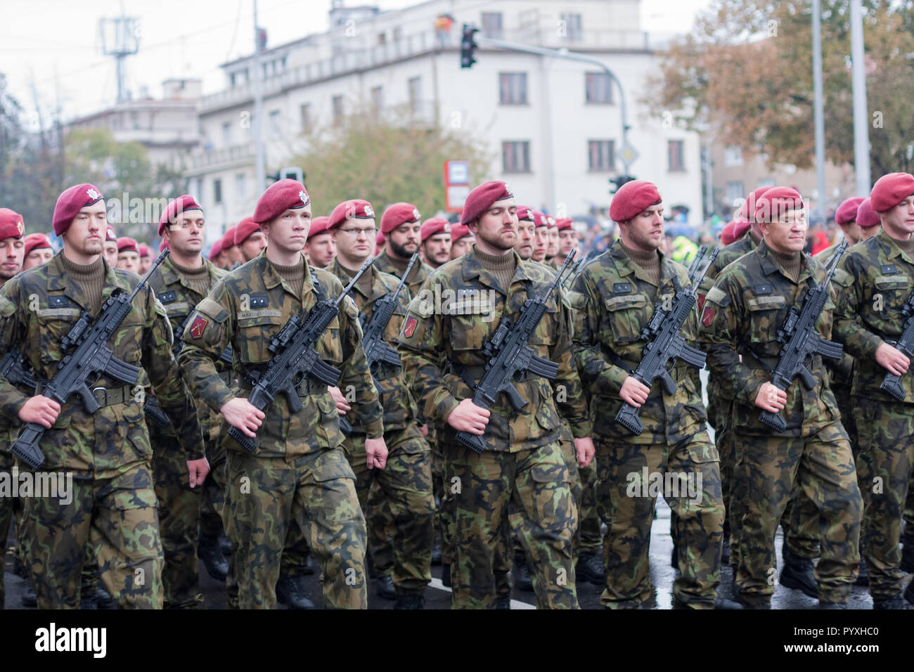 European street, Prague-October 28, 2018: Soldiers of Czech Army are ...