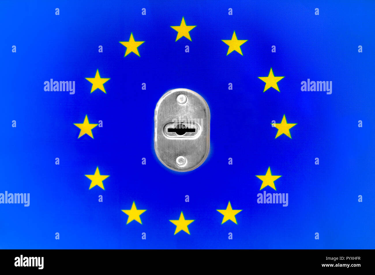 Metal door lock on EU flag background Stock Photo - Alamy