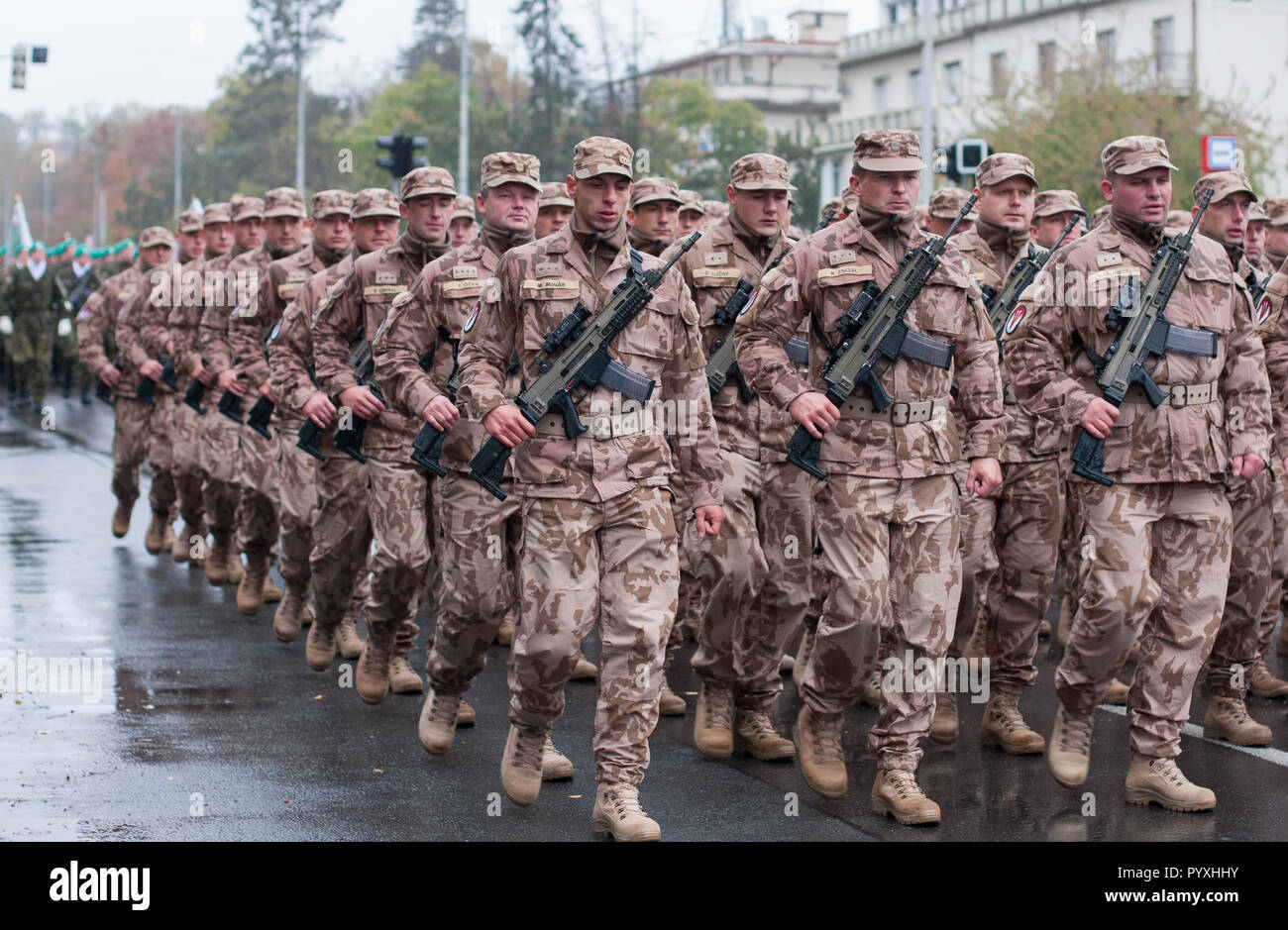 European street, Prague-October 28, 2018: Soldiers of Czech Army are ...