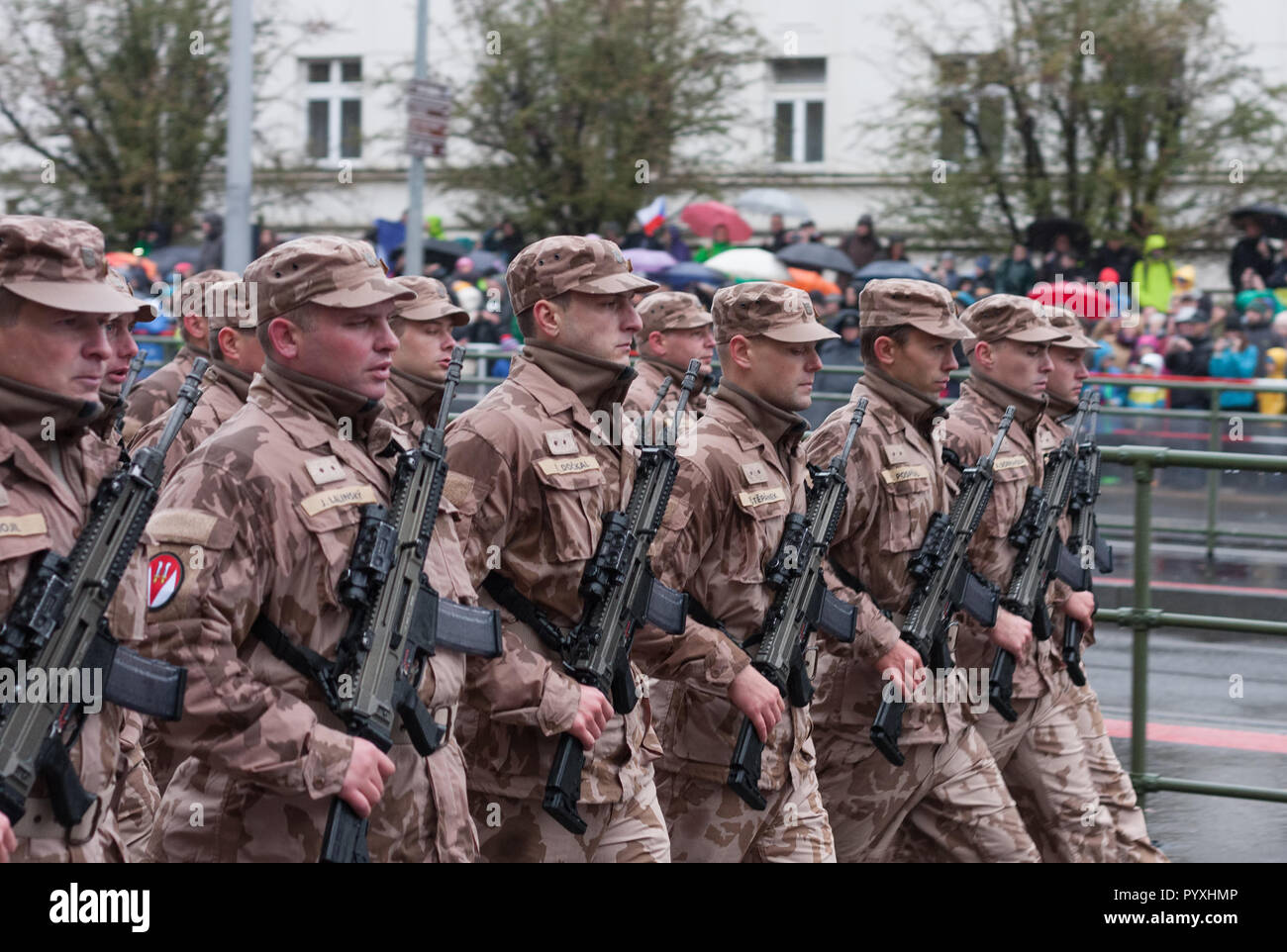 European street, Prague-October 28, 2018: Soldiers of Czech Army are ...