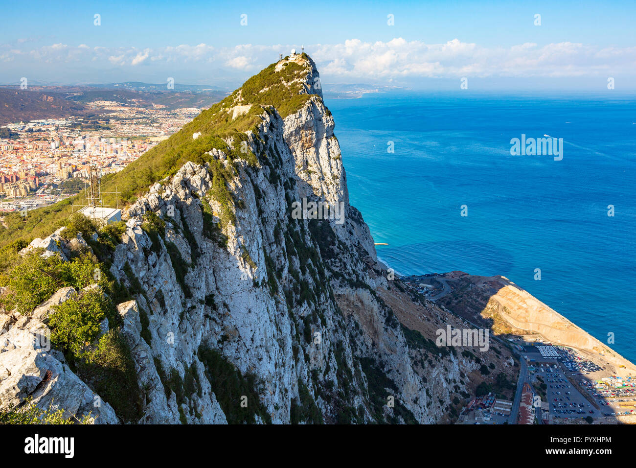 Rock of Gibraltar with a view over Rock Gun Battery to Gibraltar city ...