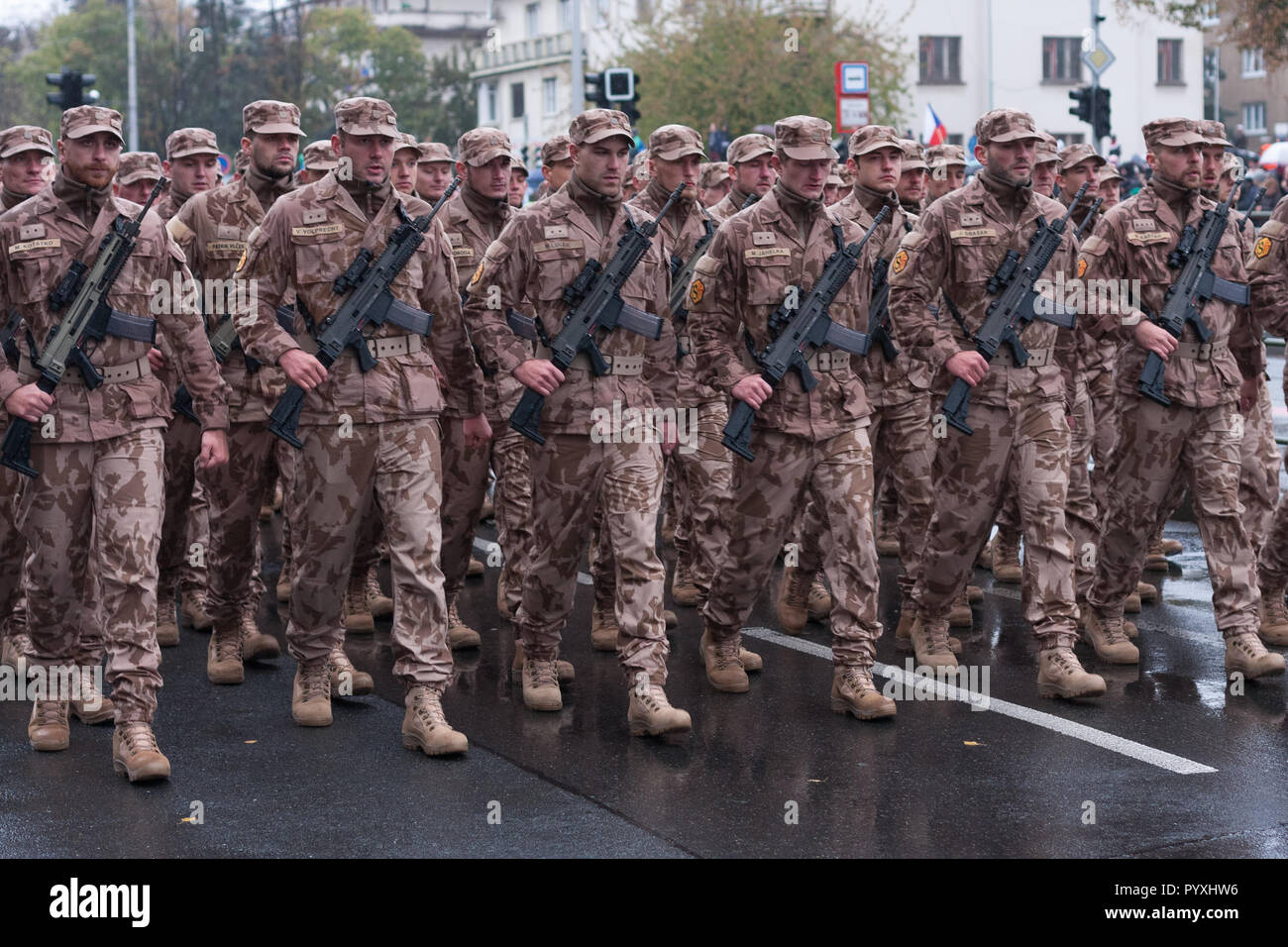 European street, Prague-October 28, 2018: Soldiers of Czech Army are ...