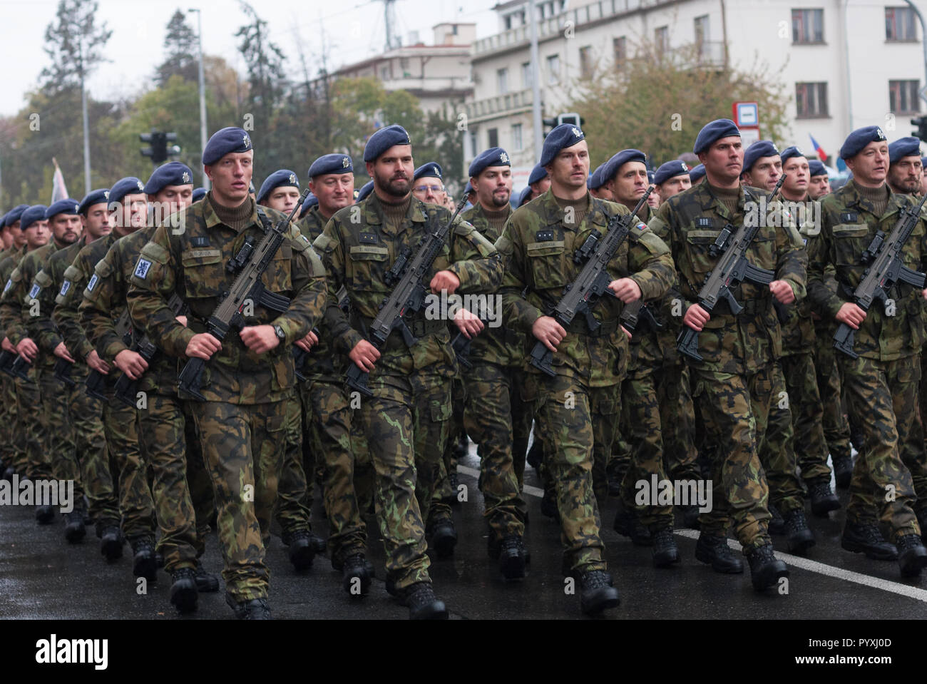 European street, Prague-October 28, 2018: Soldiers of Czech Army are ...