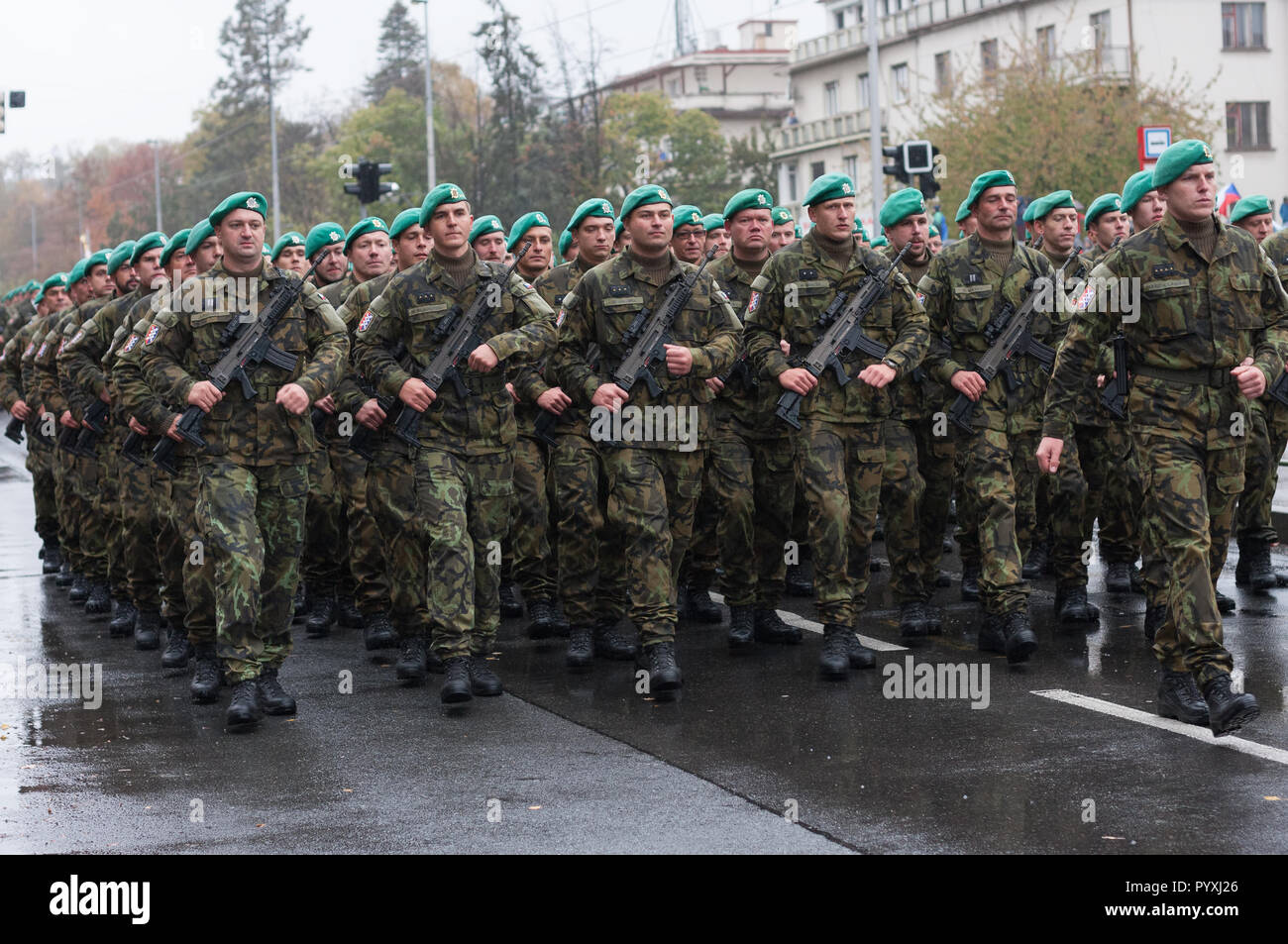 European street, Prague-October 28, 2018: Soldiers of Czech Army are ...