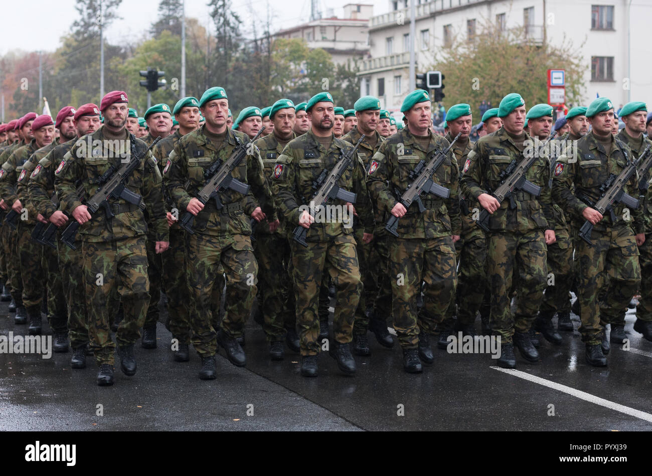European street, Prague-October 28, 2018: Soldiers of Czech Army are ...