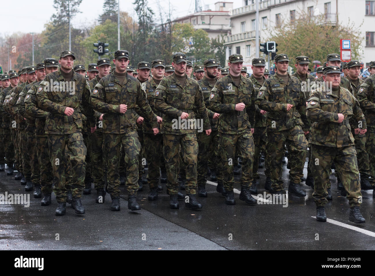 European street, Prague-October 28, 2018: Soldiers of Czech Army are ...