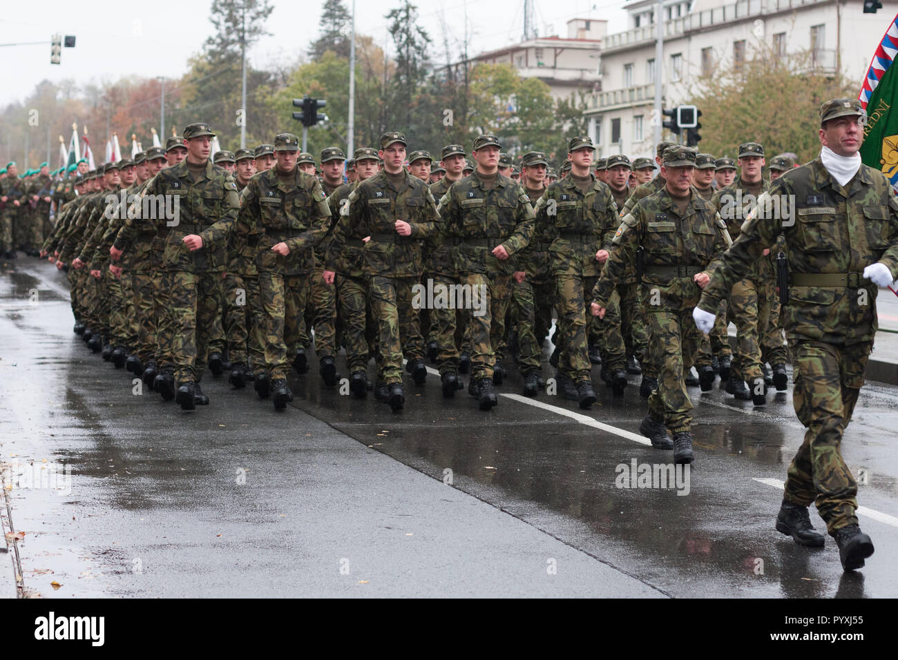 European street, Prague-October 28, 2018: Soldiers of Czech Army are ...