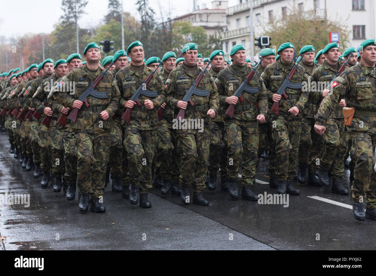 European street, Prague-October 28, 2018: Soldiers of Czech Army are ...