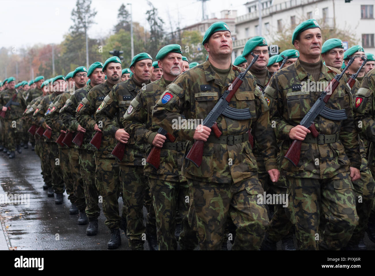 European street, Prague-October 28, 2018: Soldiers of Czech Army are ...