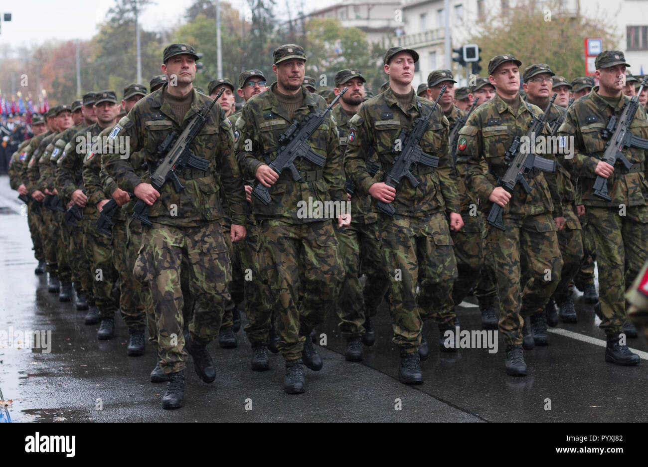 European street, Prague-October 28, 2018: Soldiers of Czech Army are ...