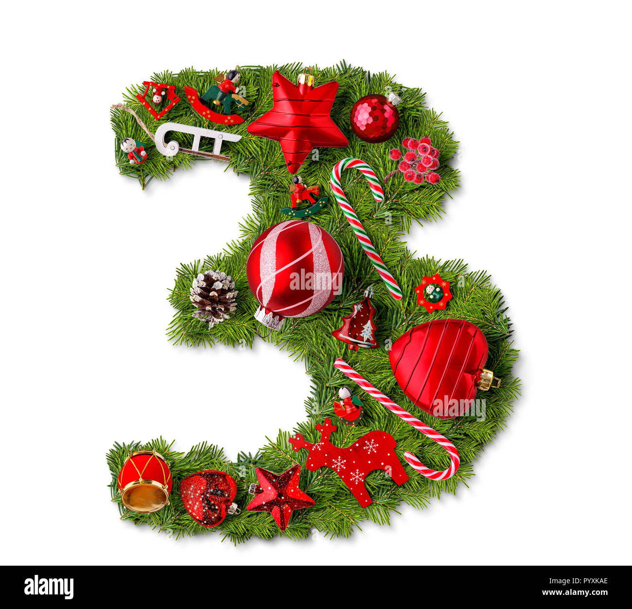Number 3. Christmas tree decoration on a white background Stock Photo ...