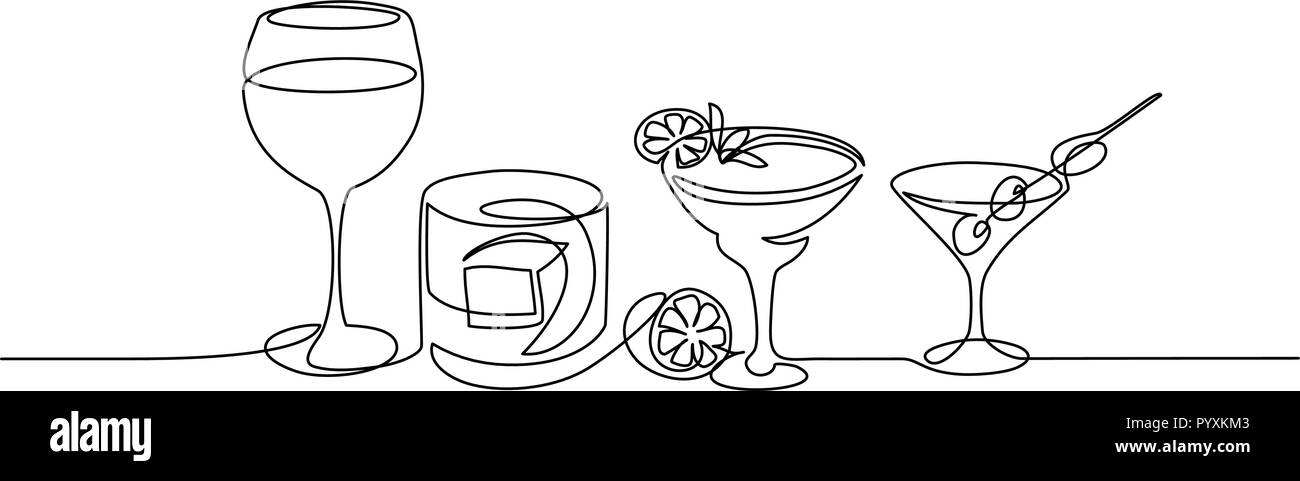 Continuous one line drawing. Bottle and glass of whiskey with ice ...