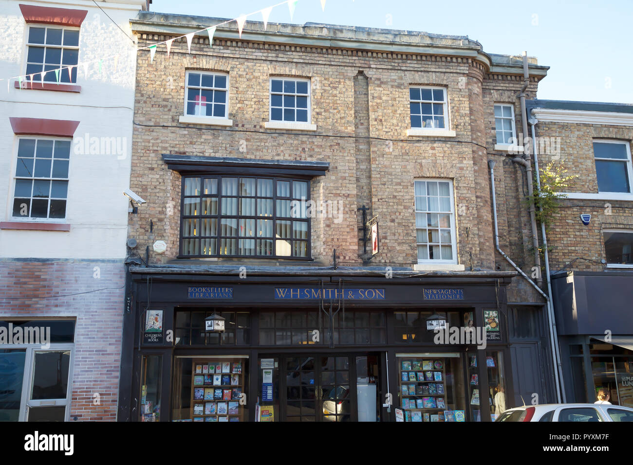 Blue Sky over W H Smith & son shop and museum in Newtown,Wales,UK Stock ...