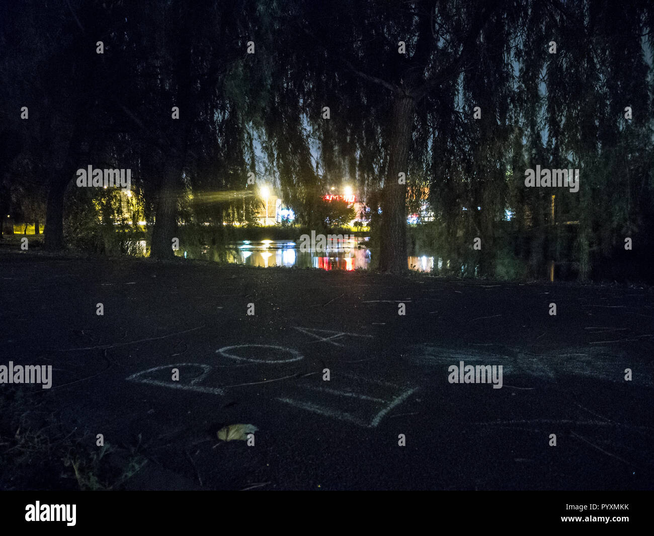 Night park with a pond and drawing on asphalt. Landscape with a glowing ...