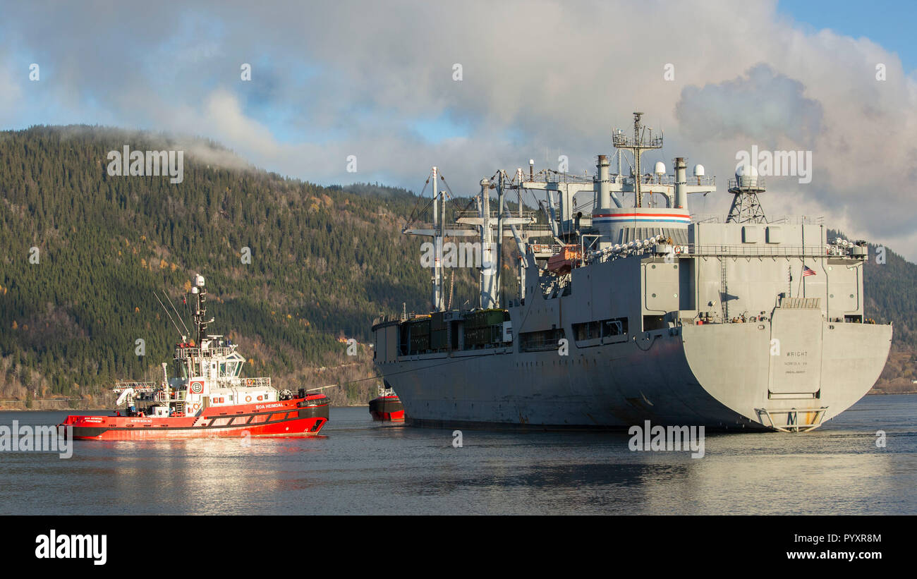 The aviation logistic ship S.S. Wright (T-AVB-3) ports during Exercise ...