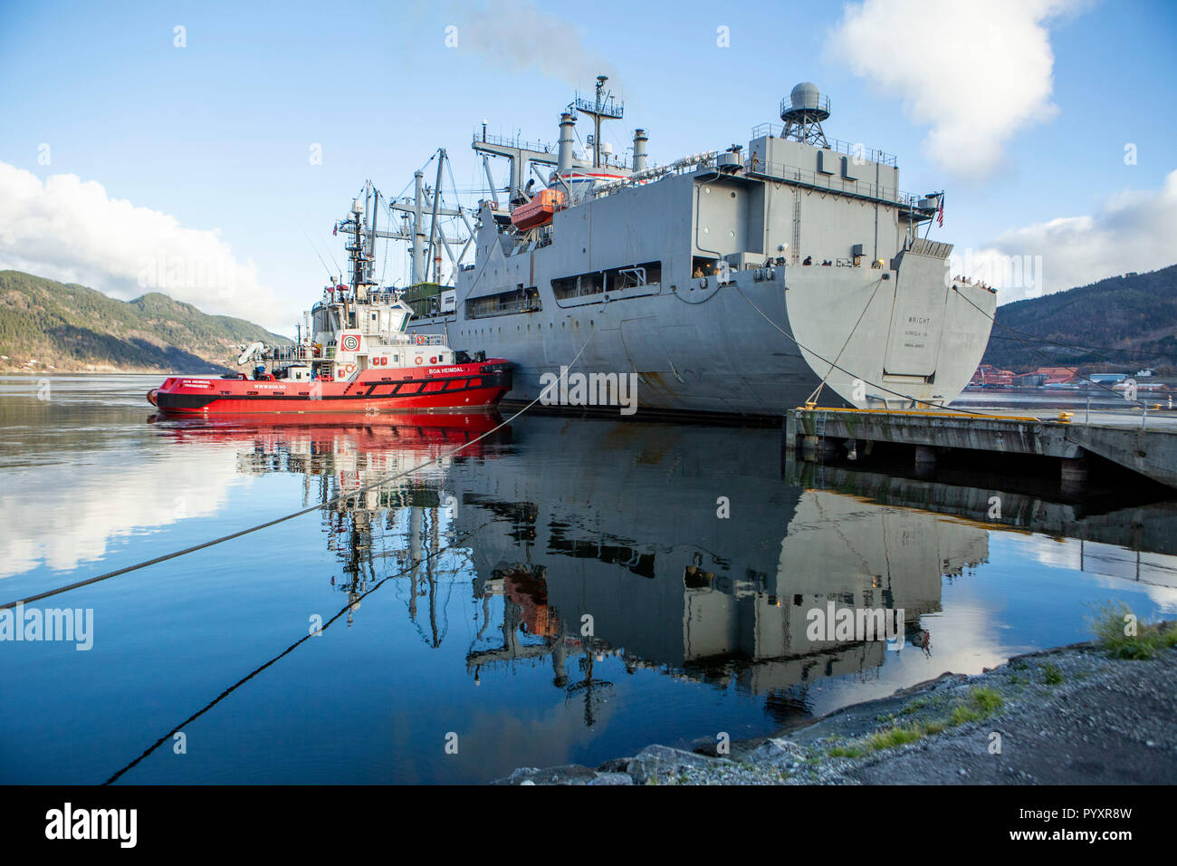 The aviation logistic ship S.S. Wright (T-AVB-3) ports during Exercise ...
