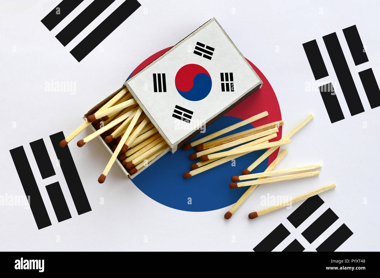 South Korea flag is shown on an open matchbox, from which several ...