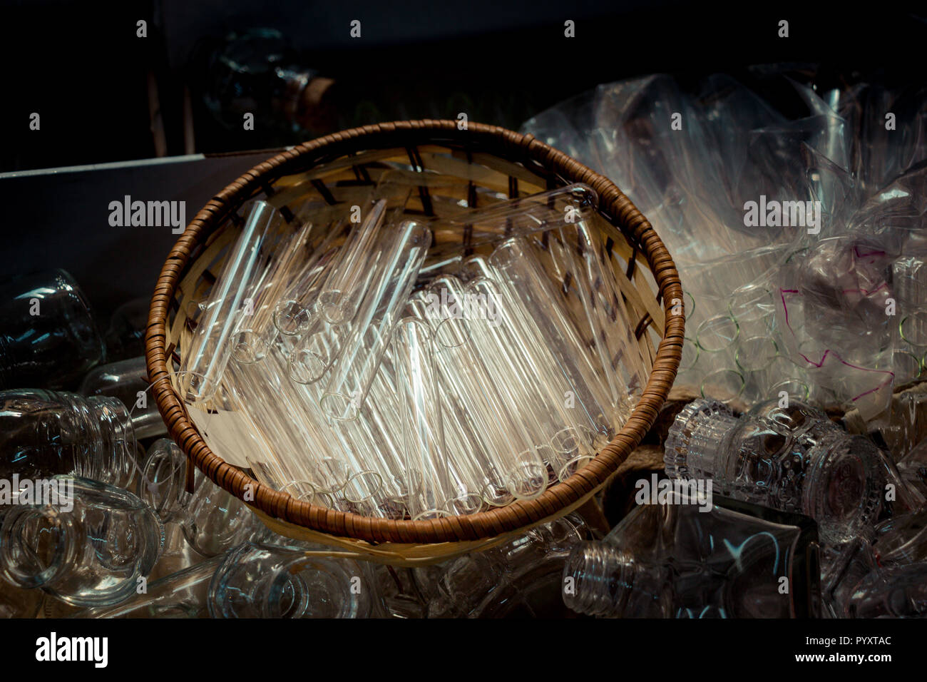 Set of Empty small transparent bottles in a box Stock Photo - Alamy