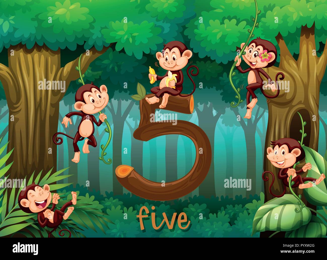 Five monkey in the jungle illustration Stock Vector Image & Art - Alamy