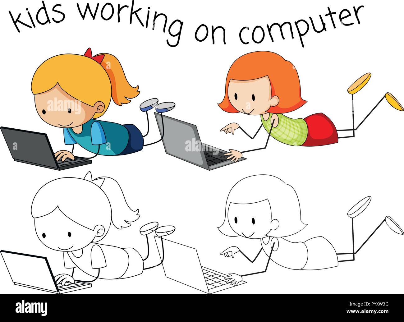 Girls using computer on white background illustration Stock Vector ...