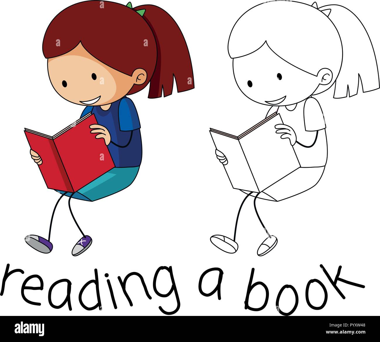 Doodle girl reading book illustration Stock Vector Image & Art - Alamy