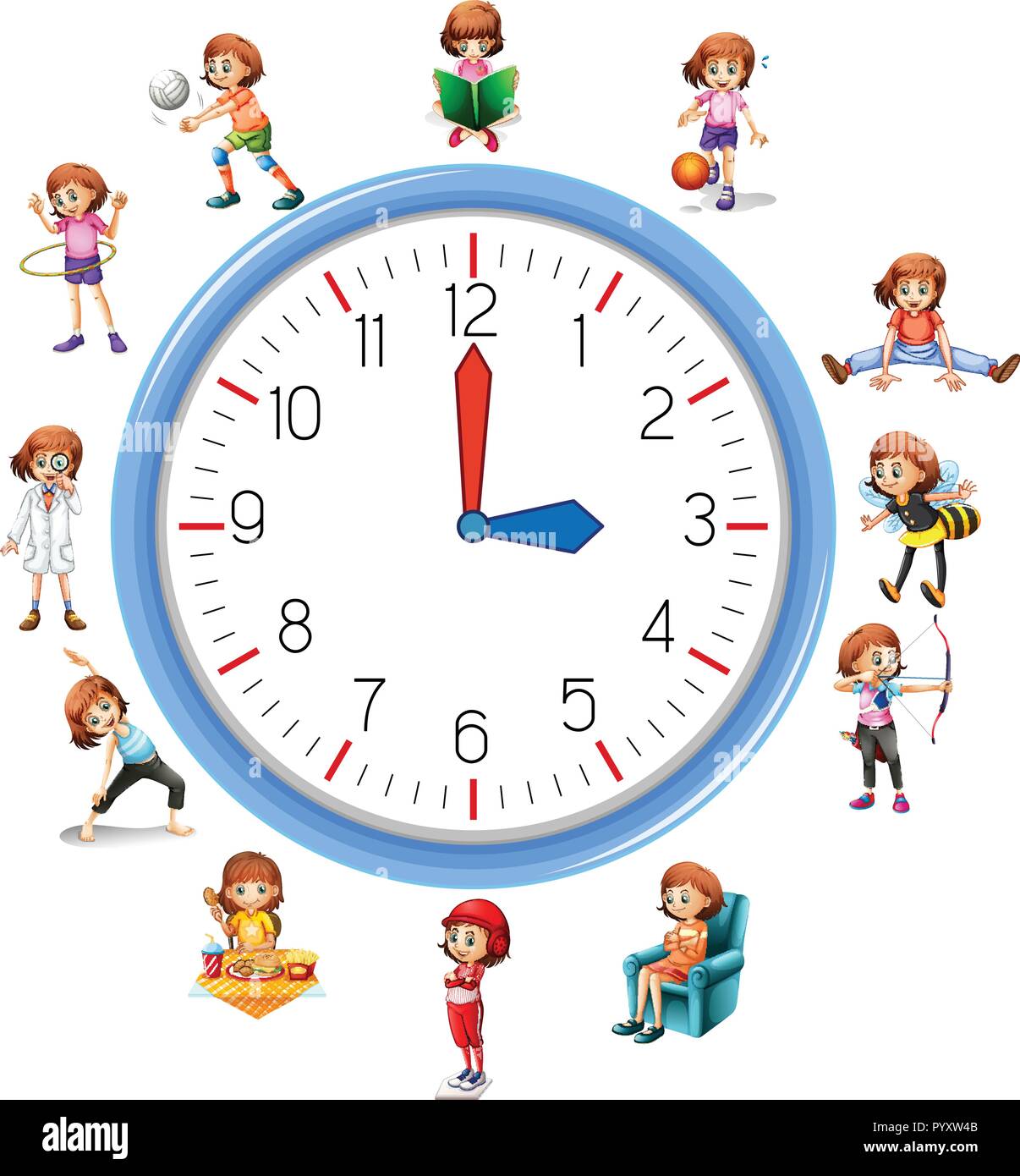 Woman activity on clock illustration Stock Vector Image & Art - Alamy