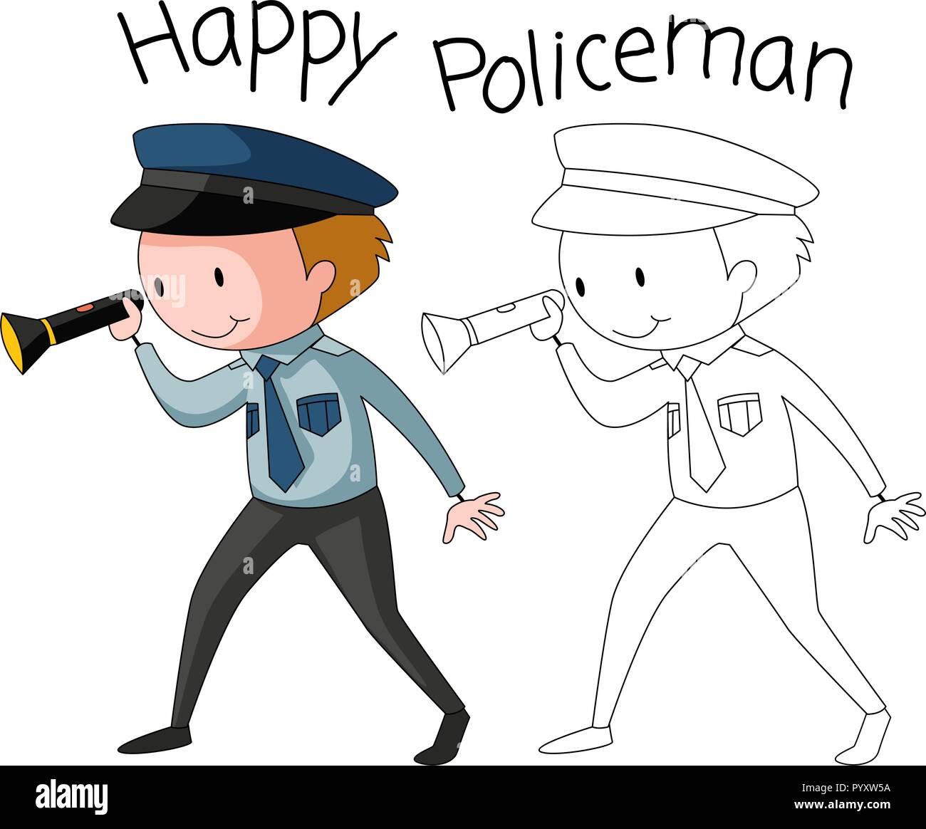 Doodle policeman character on white background illustration Stock ...