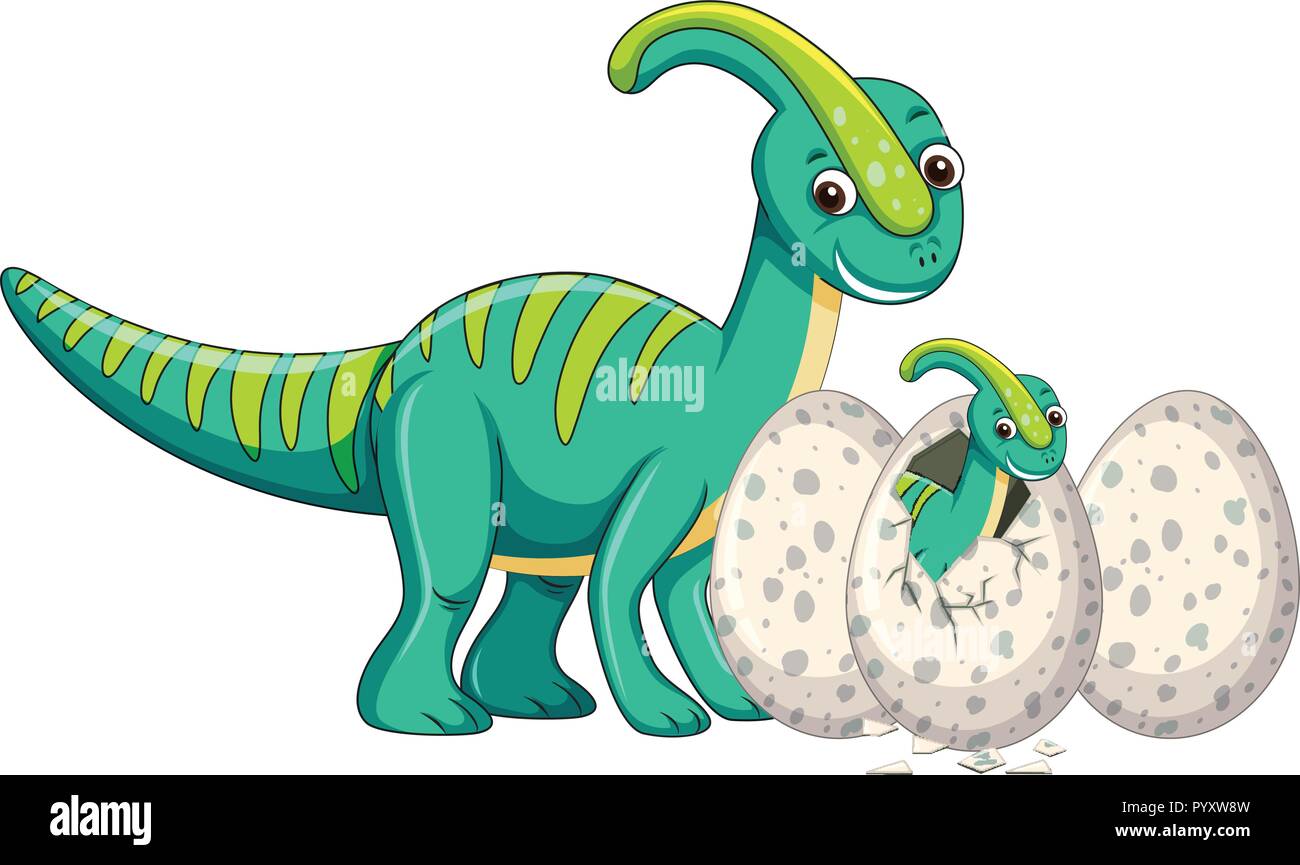 Adult dinosaur and baby dinosaur hatching egg illustration Stock Vector ...