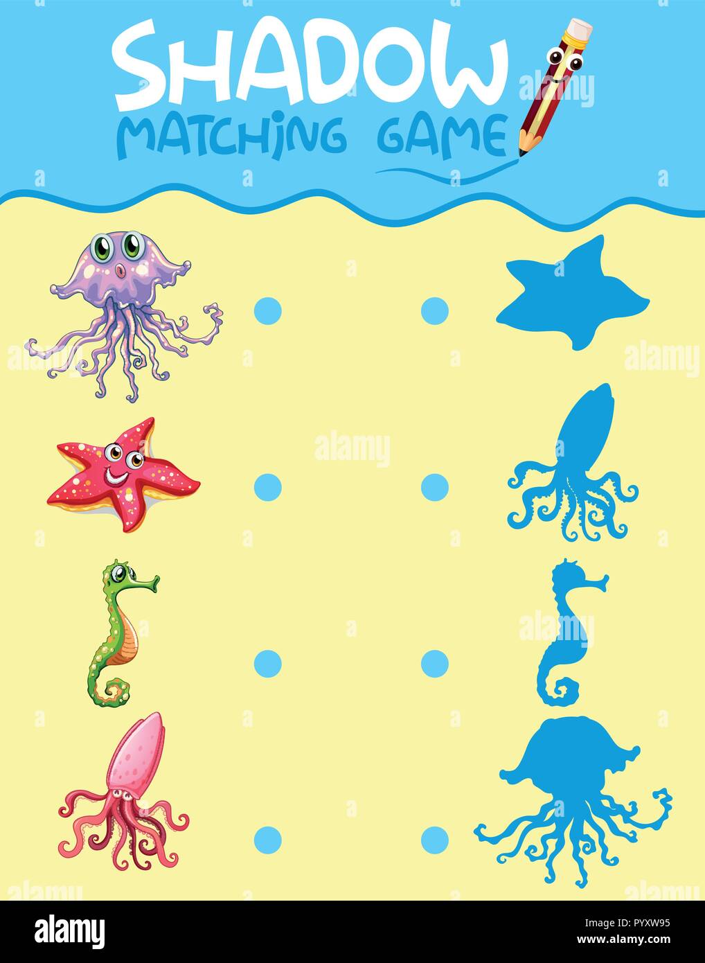Sea creature shadow matching game template illustration Stock Vector ...