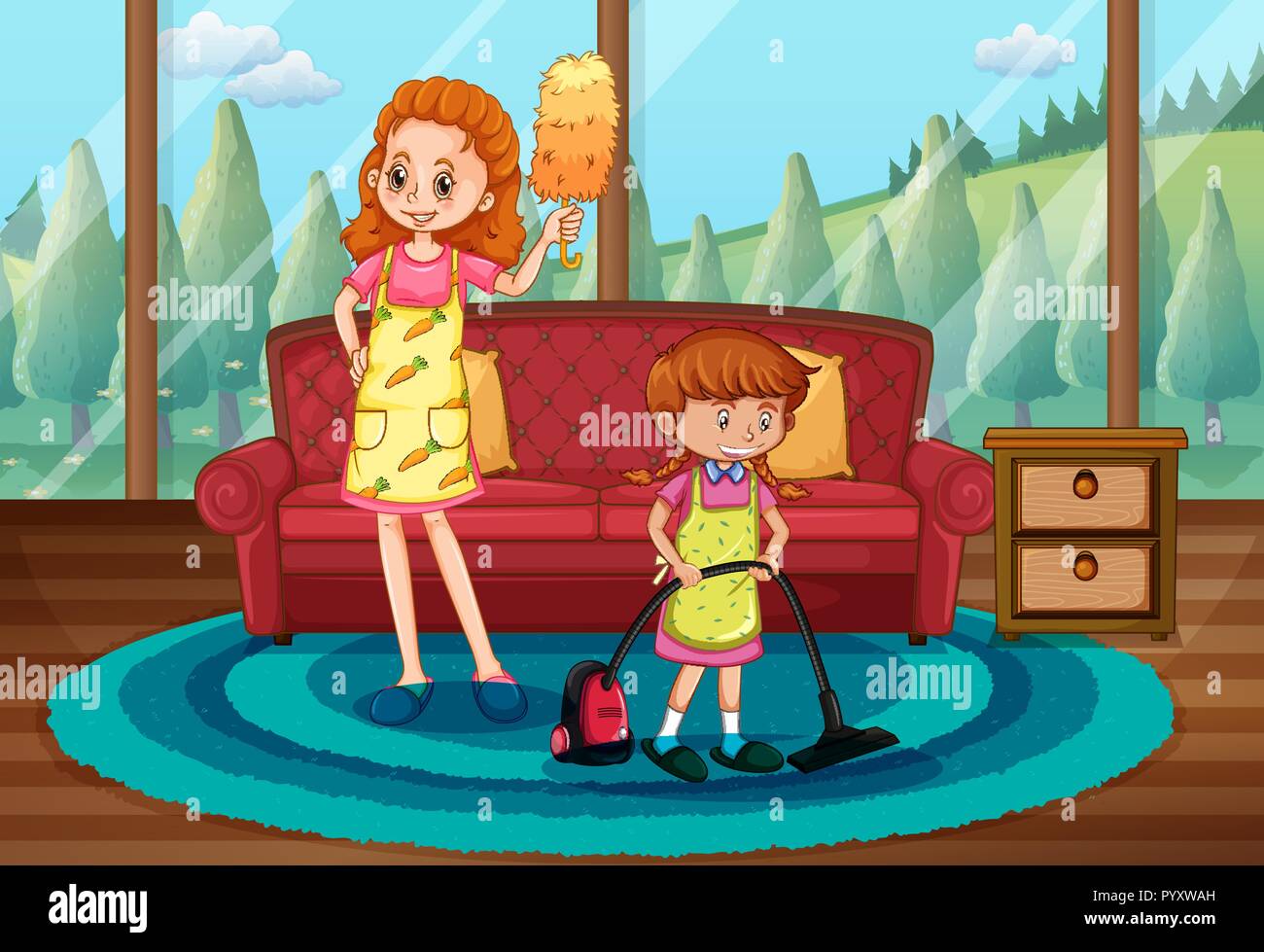 Monther and daughter cleaning house illustration Stock Vector Image ...