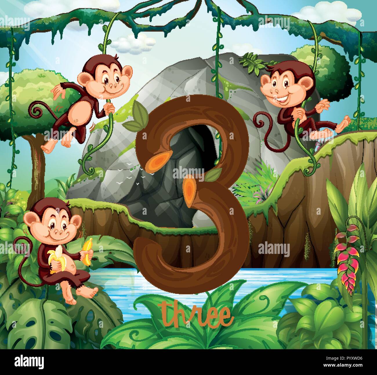 Three monkey in the jungle illustration Stock Vector Image & Art - Alamy