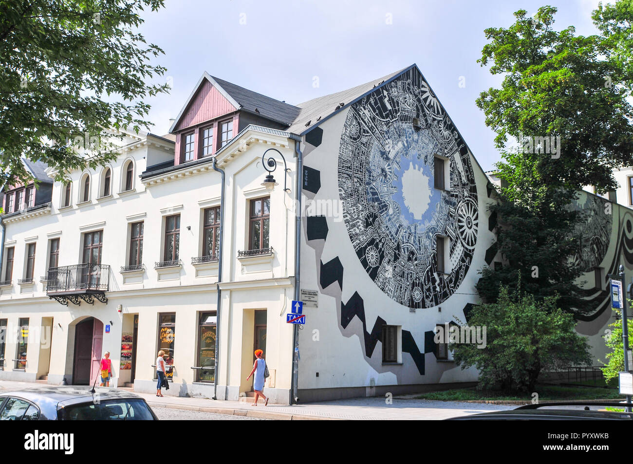 Lodz, Poland, July 2018. Giant mural, painting on the wall on ...