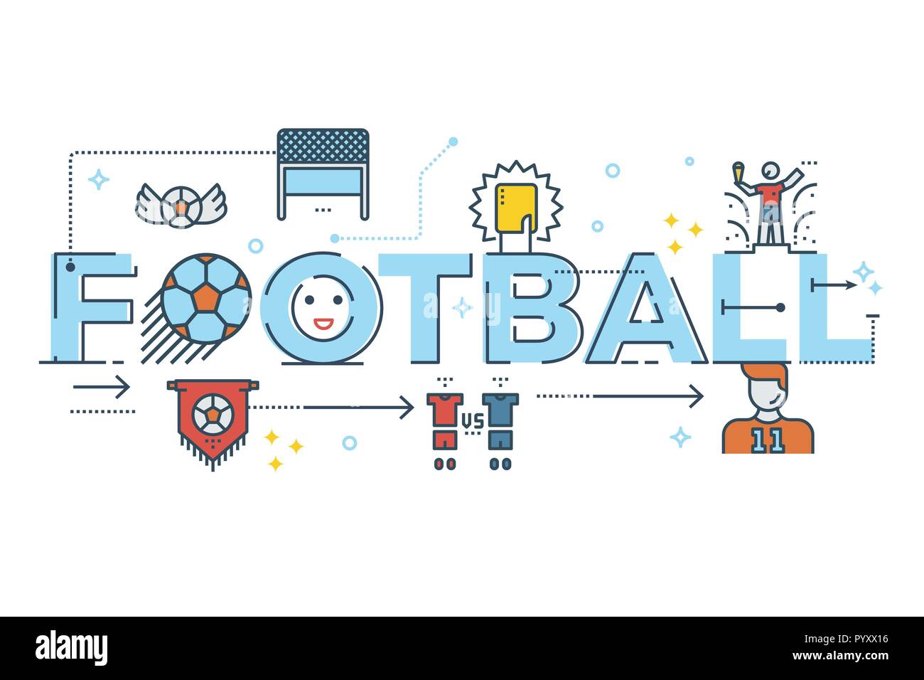 Football word lettering typography design illustration with line icons ...