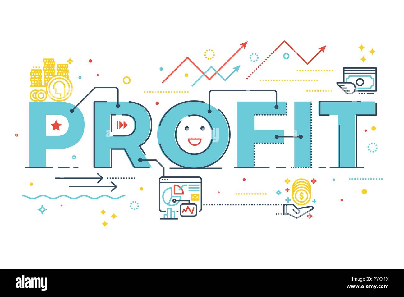 Profit word lettering design illustration with line icons and ornaments ...