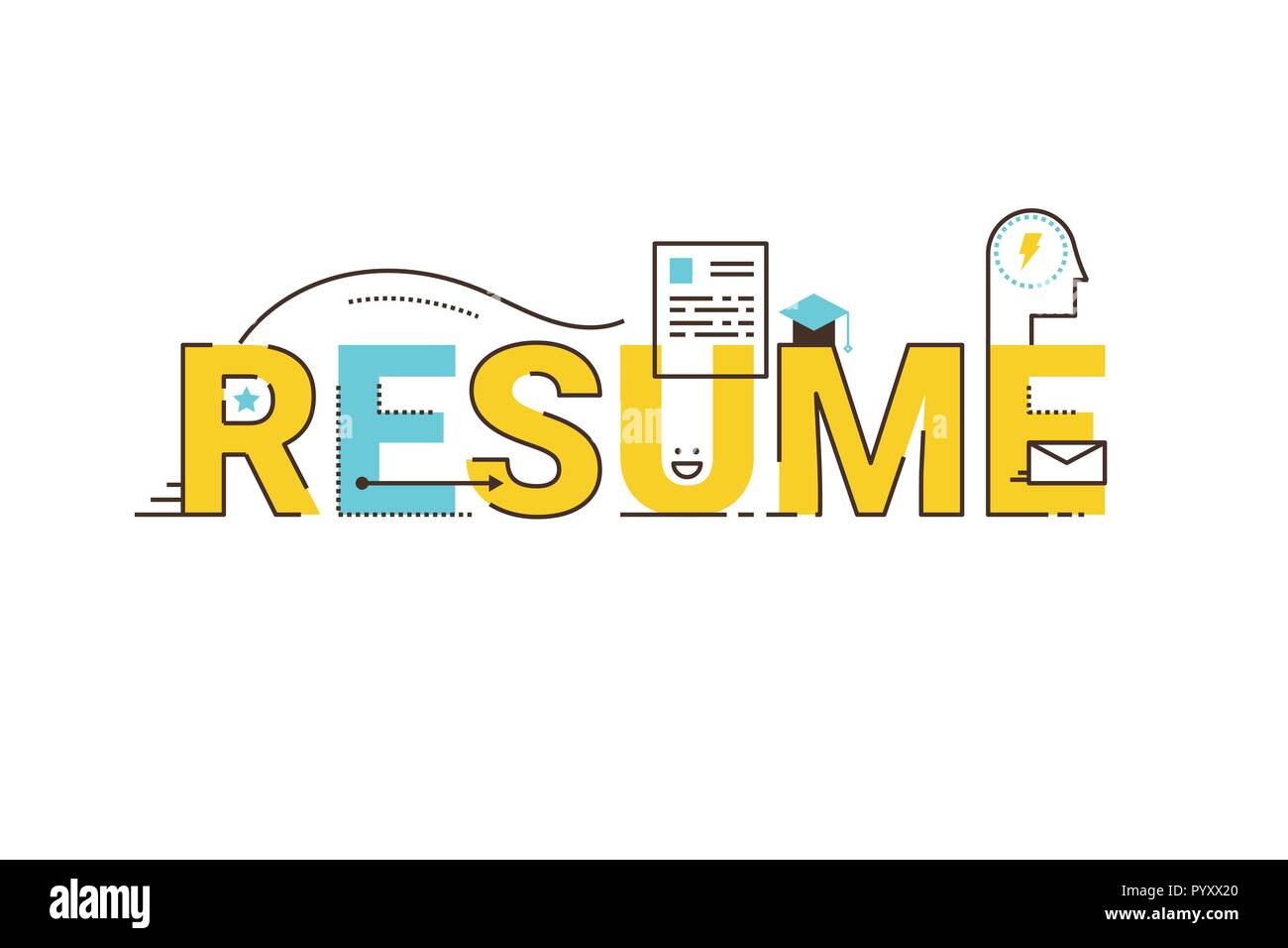 Resume word lettering typography design illustration with line icons ...