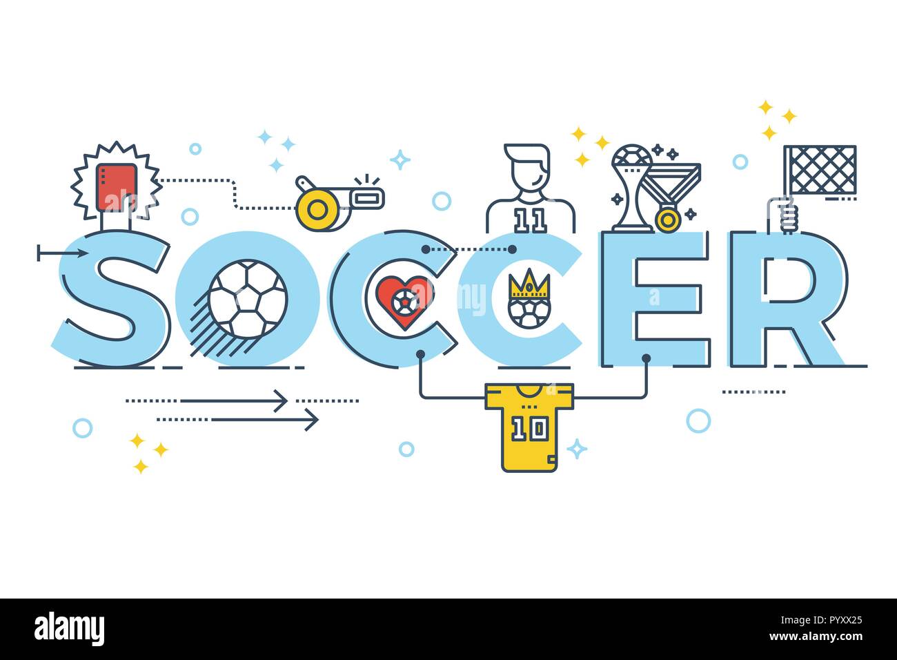 Soccer word lettering typography design illustration with line icons ...