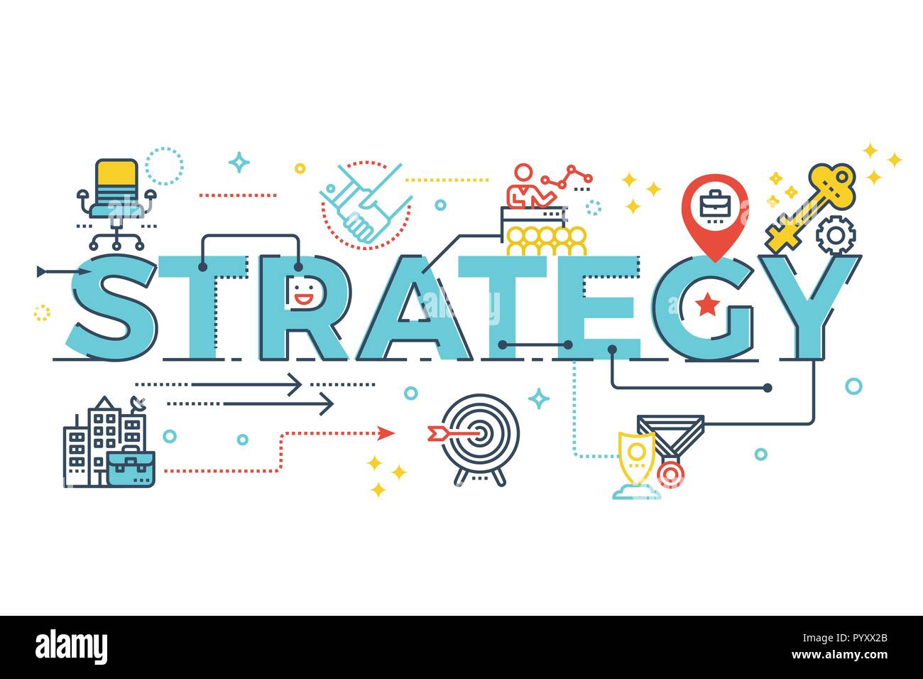 Strategy word lettering typography design illustration with line icons ...