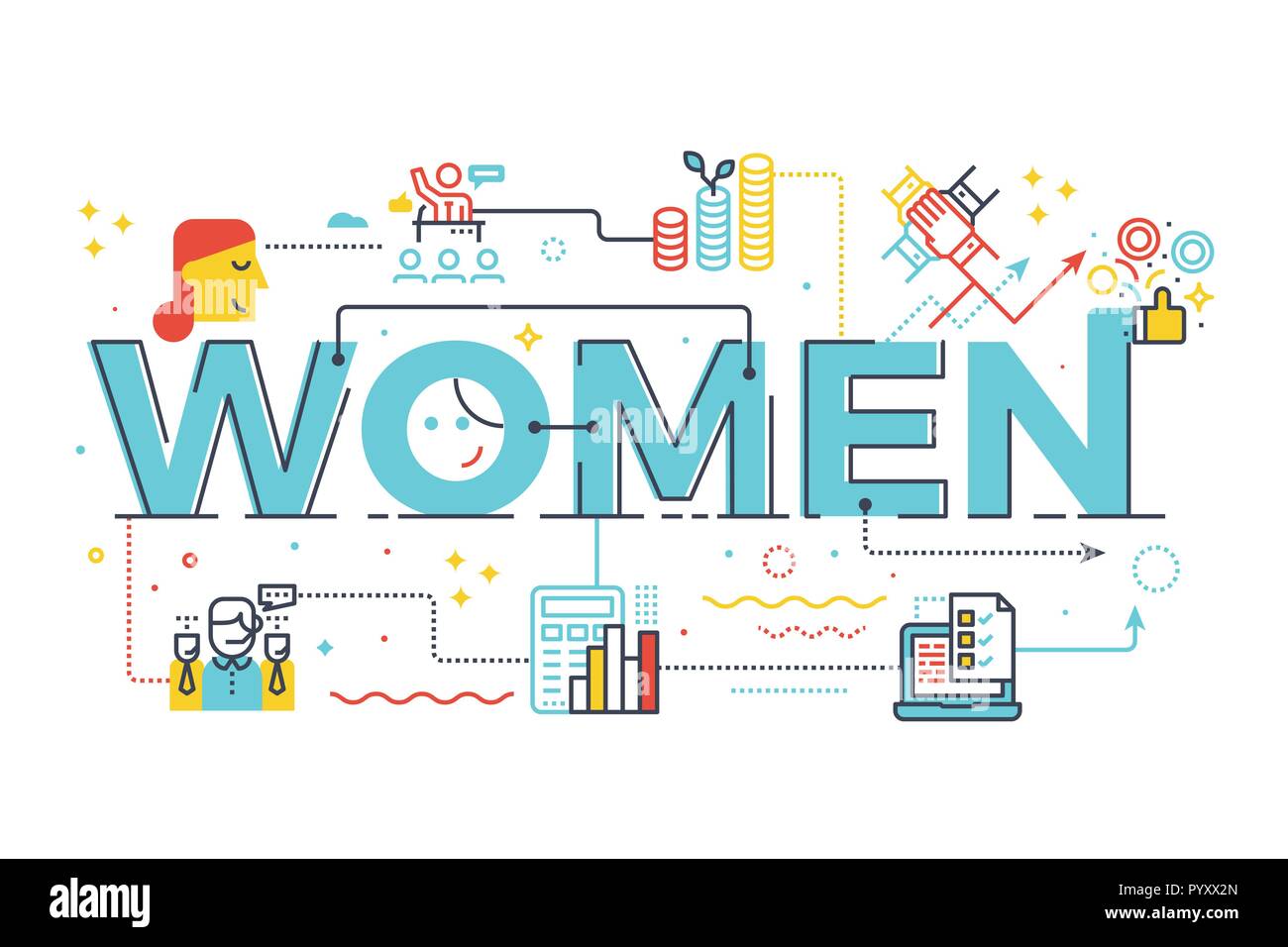 Women word in business concept lettering design illustration with line ...