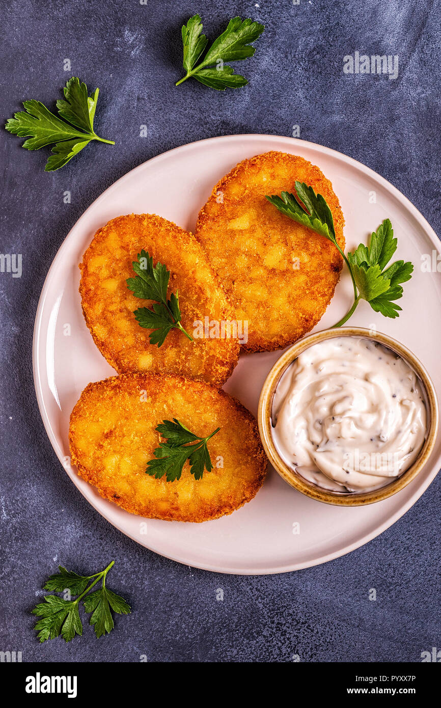 Potato pancakes, hash braun, top view Stock Photo - Alamy