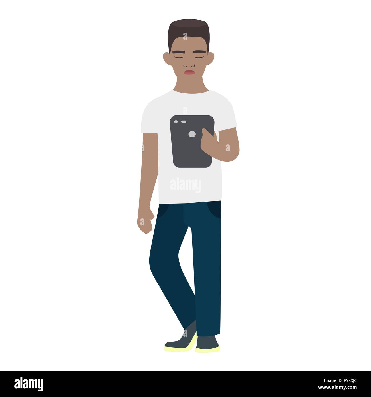 Male african american college student using tablet computer. Teenager ...