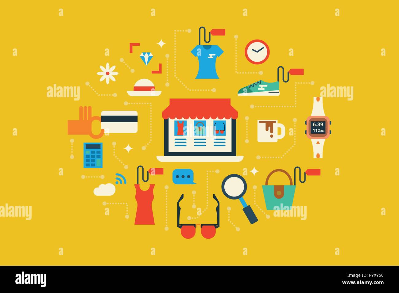 Illustration of online market flat design concept with icons elements ...