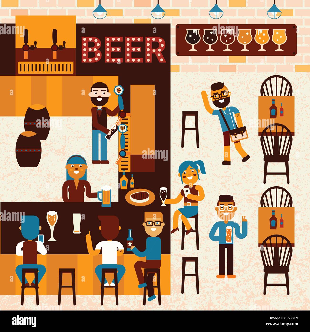 Illustration of beer restaurant community scene with many people Stock ...