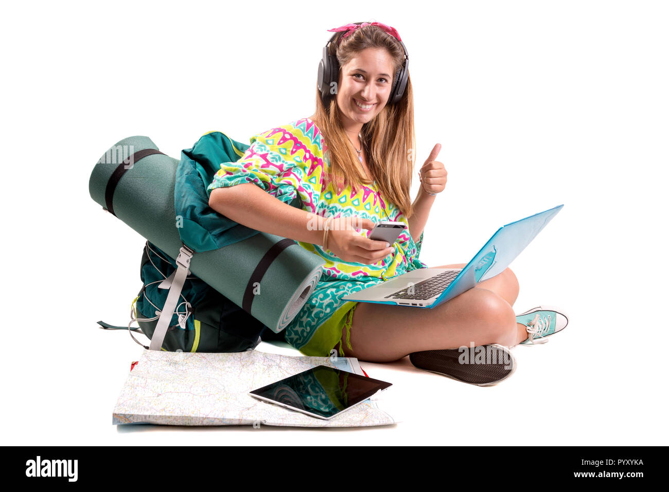 hiker girl with phone, map, tablet and laptop isolated in white ...