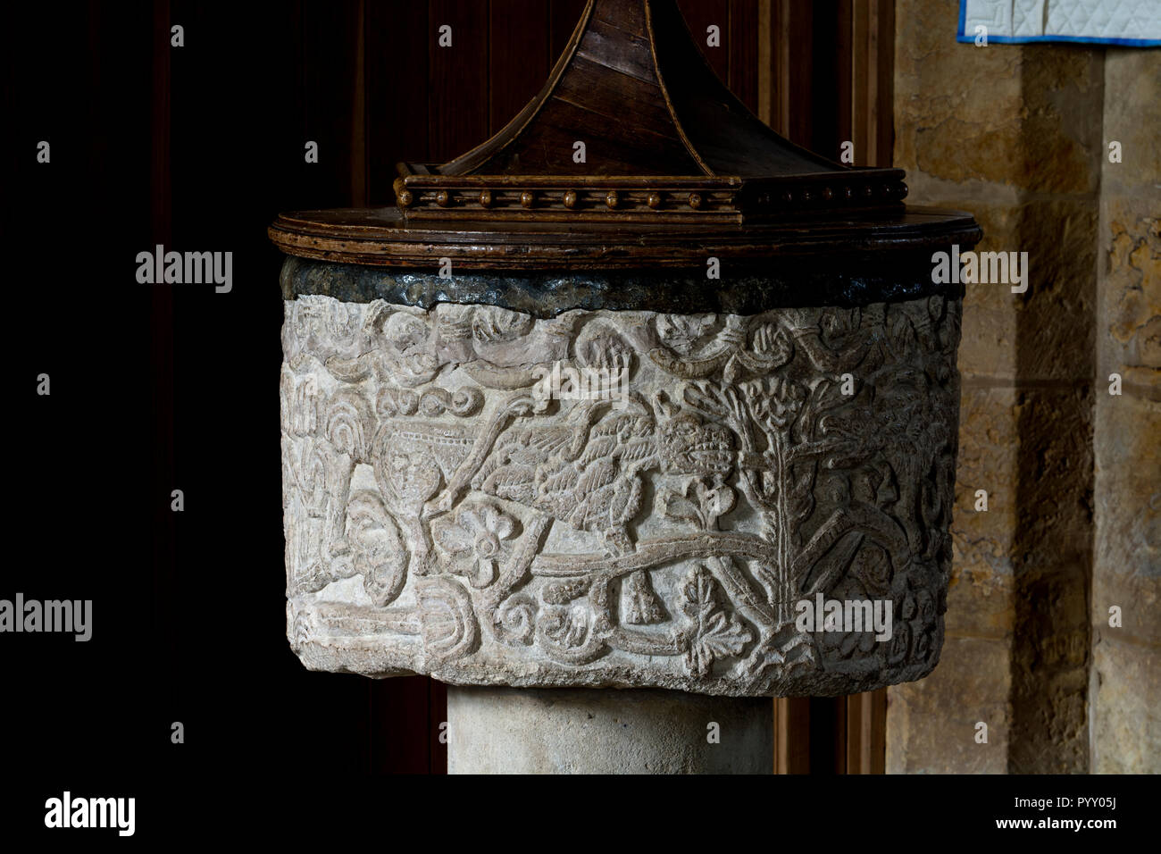 The Norman font, All Saints Church, Harpole, Northamptonshire, England ...