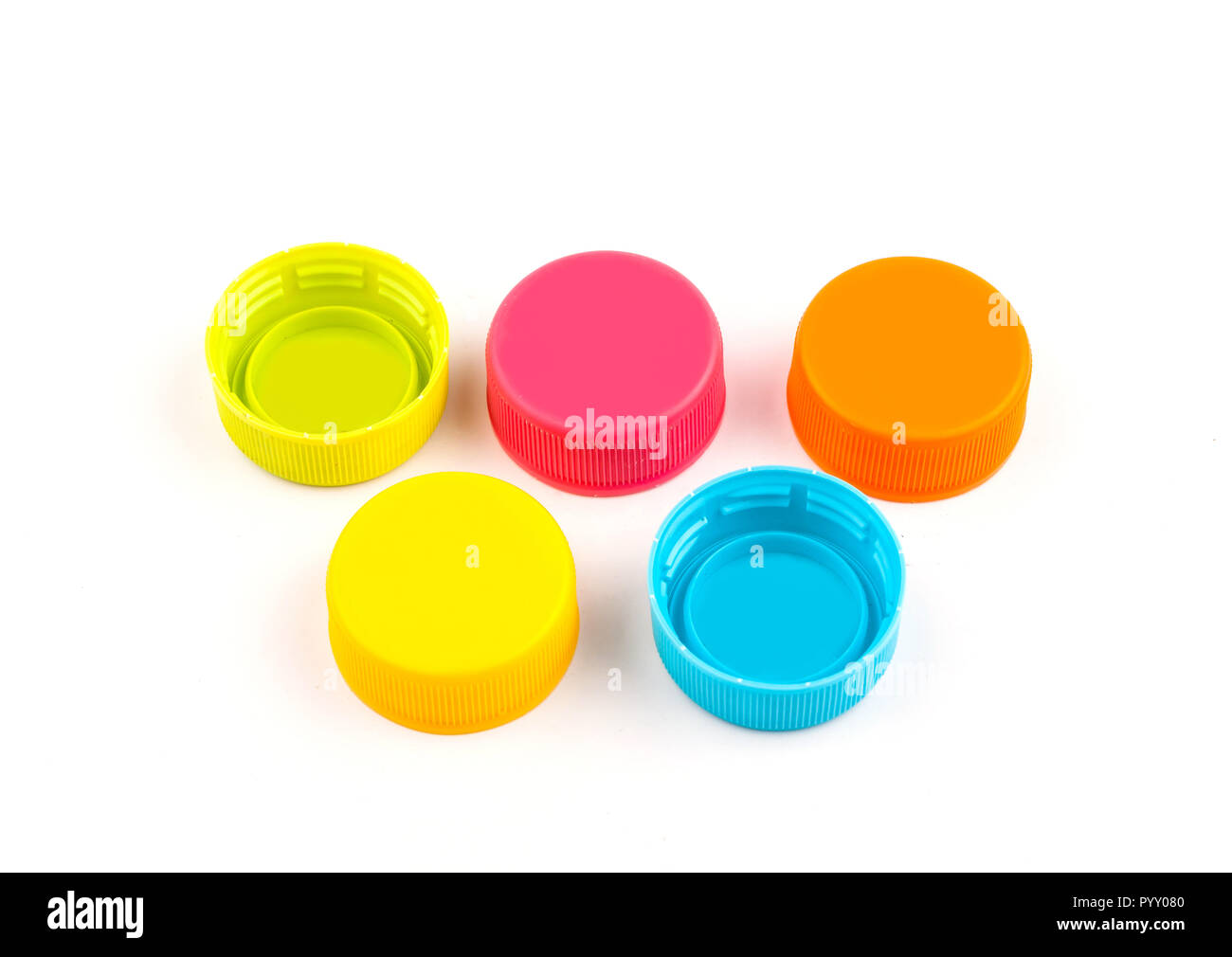 Colorful Plastic bottle caps on white background. selective focus Stock ...