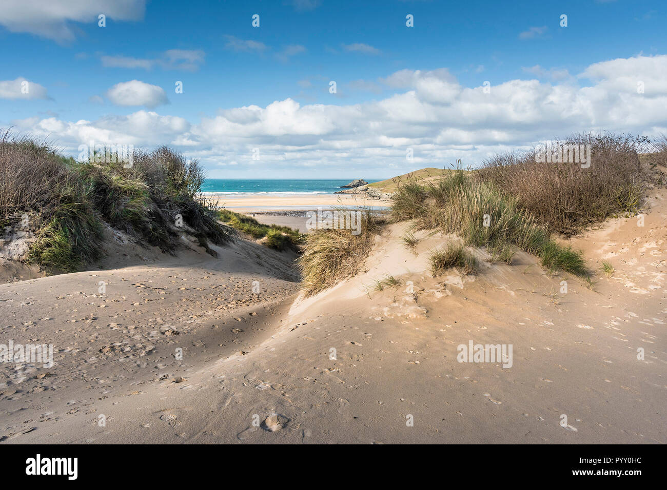 The sand dune system overlooking Crantock Beach in Newquay in Cornwall ...