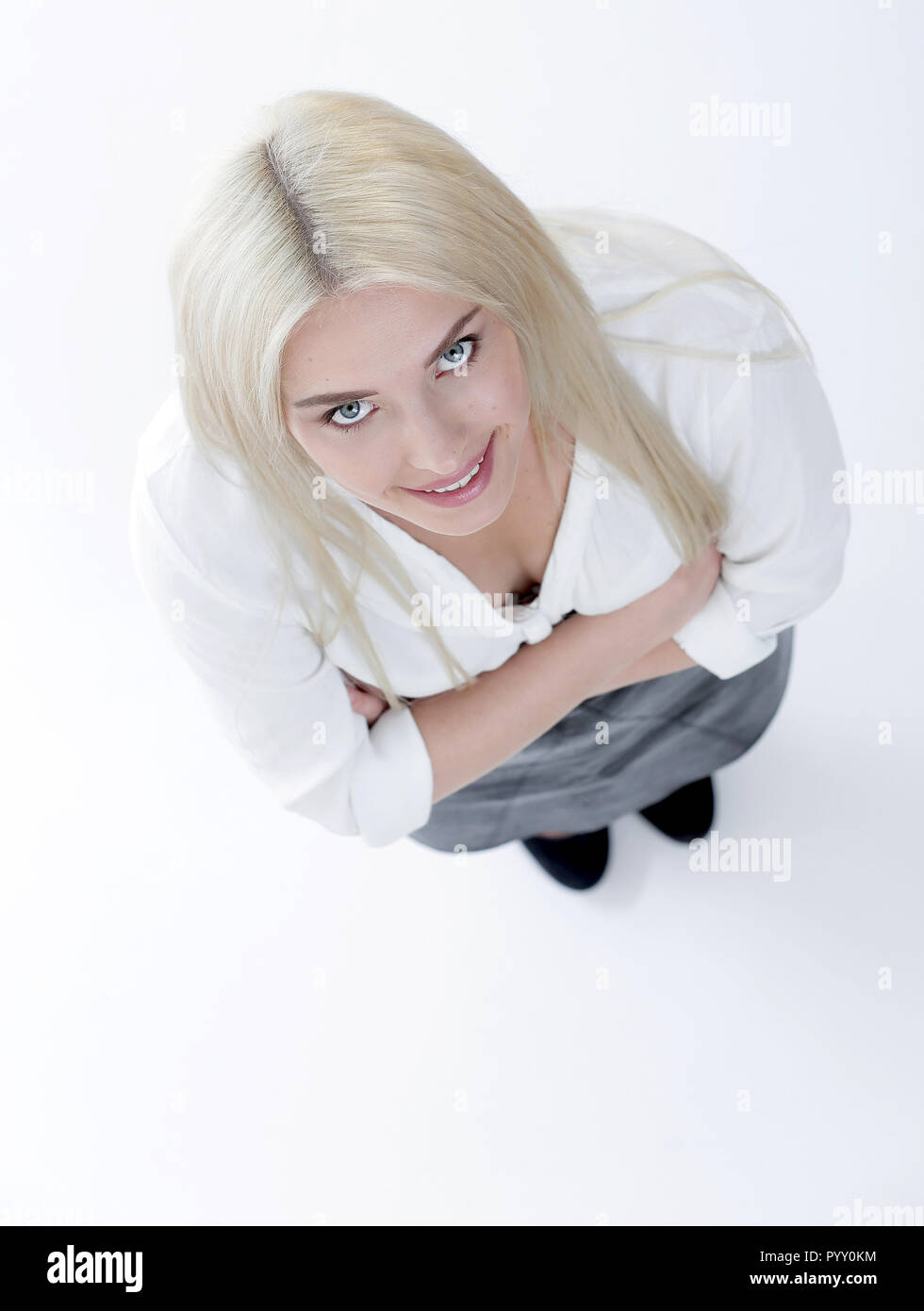 Top view. Successful business woman is looking at the camera Stock ...